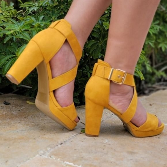 Shoes | Mustard Su Chunky Heel Platform Ankle Strap Pump | Poshmark